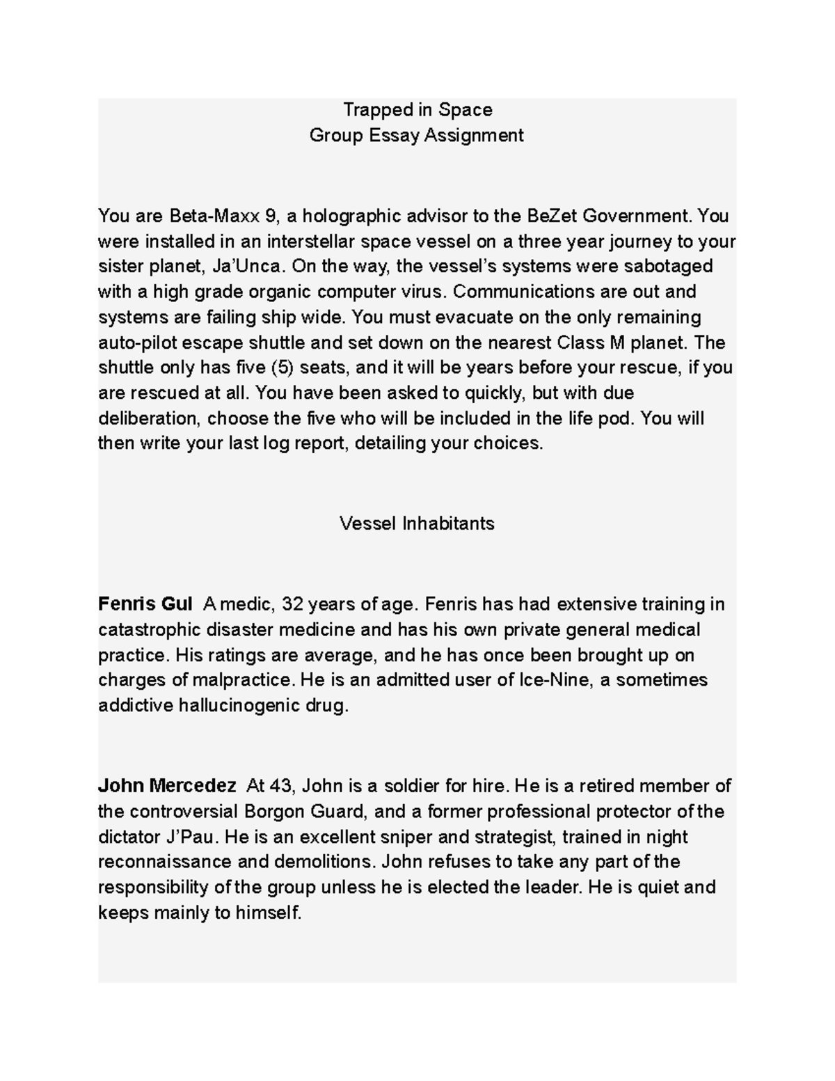 Trapped in Space - Trapped in Space Group Essay Assignment You are Beta ...