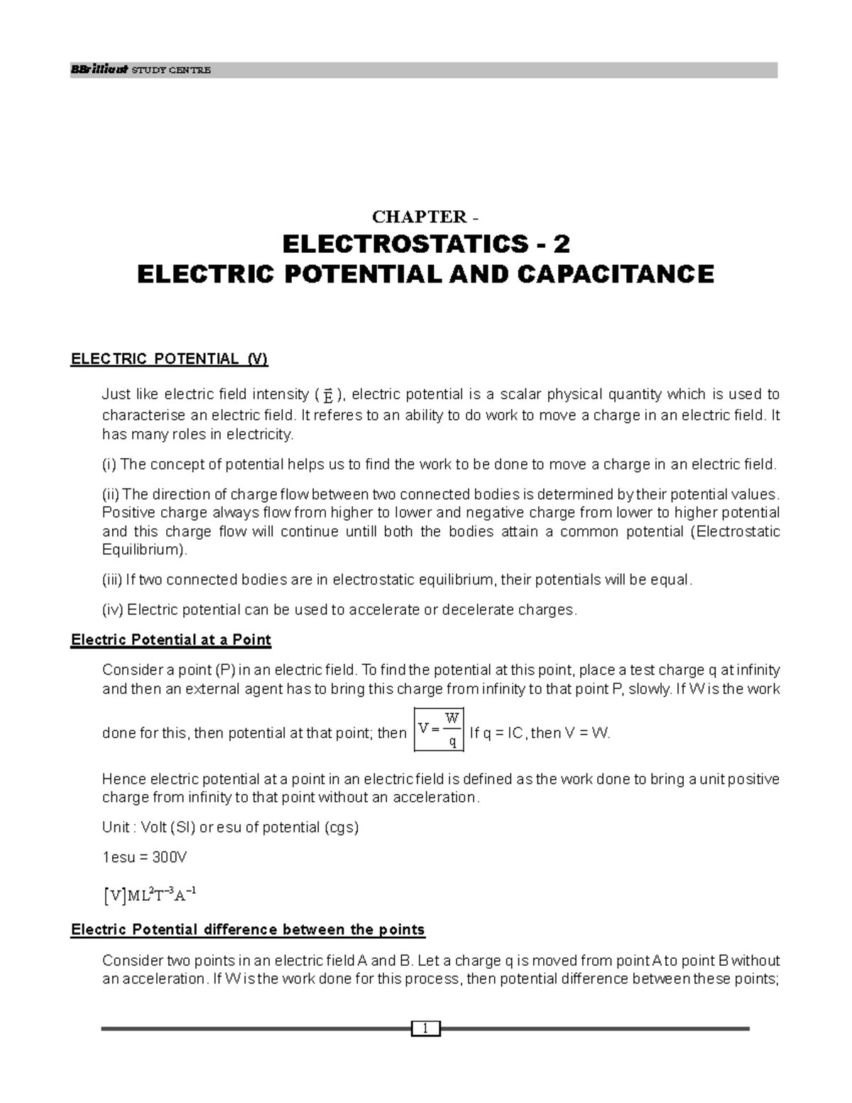 Electrostatics - CHAPTER - ELECTROSTATICS - 2 ELECTRIC POTENTIAL AND ...
