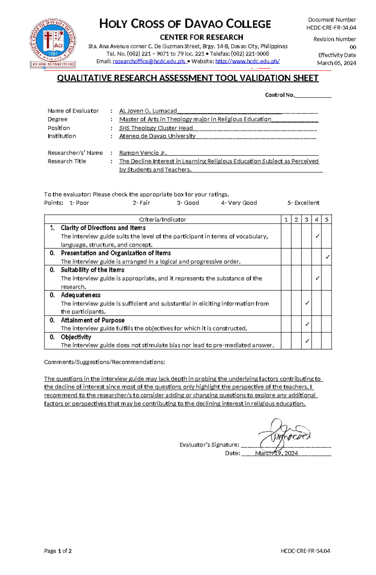 Qualitative Research Assessment TOOL Validation Sheet Document Number