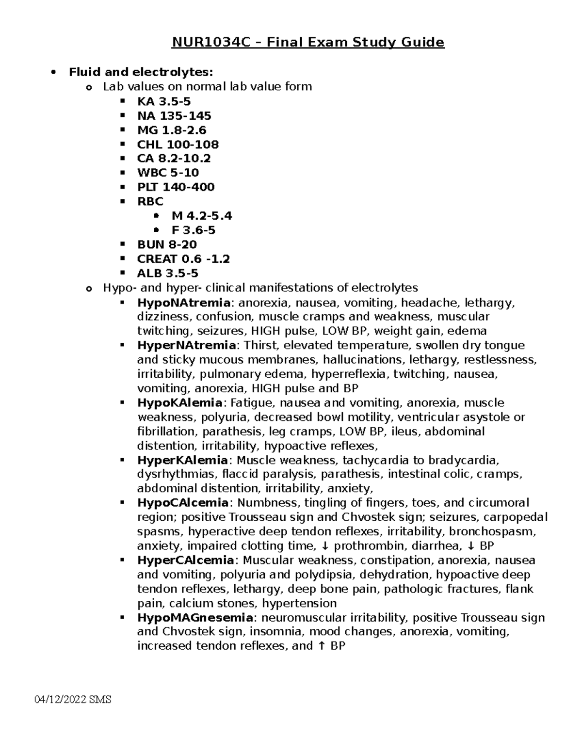 Nurse 2 final exam study guide - NUR1034C – Final Exam Study Guide ...