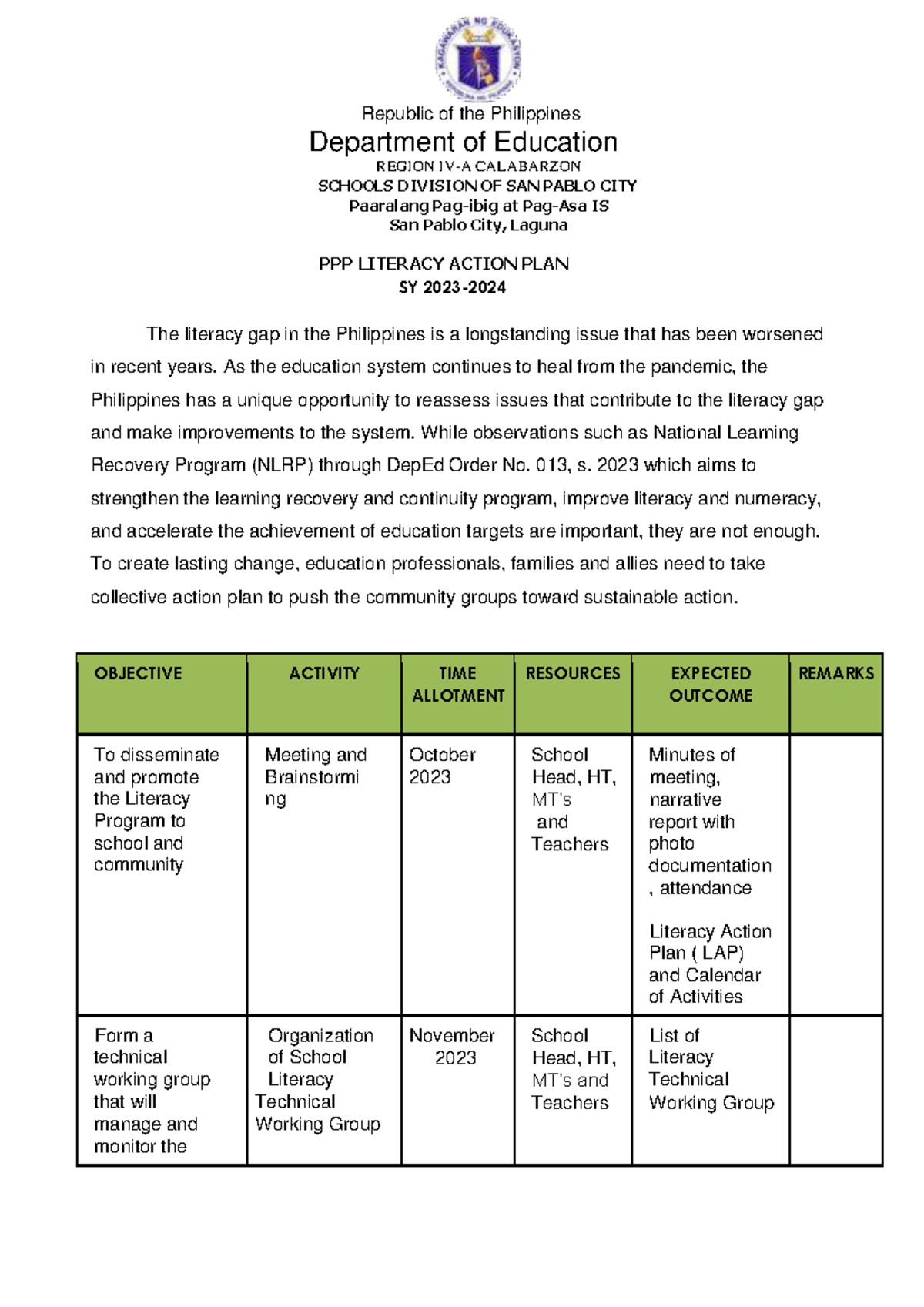Action plan A - Republic of the Philippines Department of Education ...