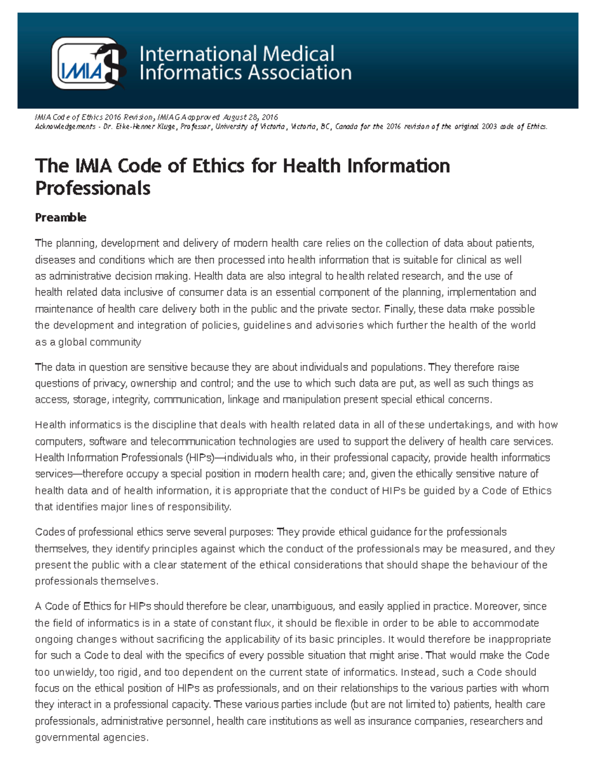 IMIA Code of Ethics 2016 - IMIA Code of Ethics 2016 Revision, IMIA GA ...