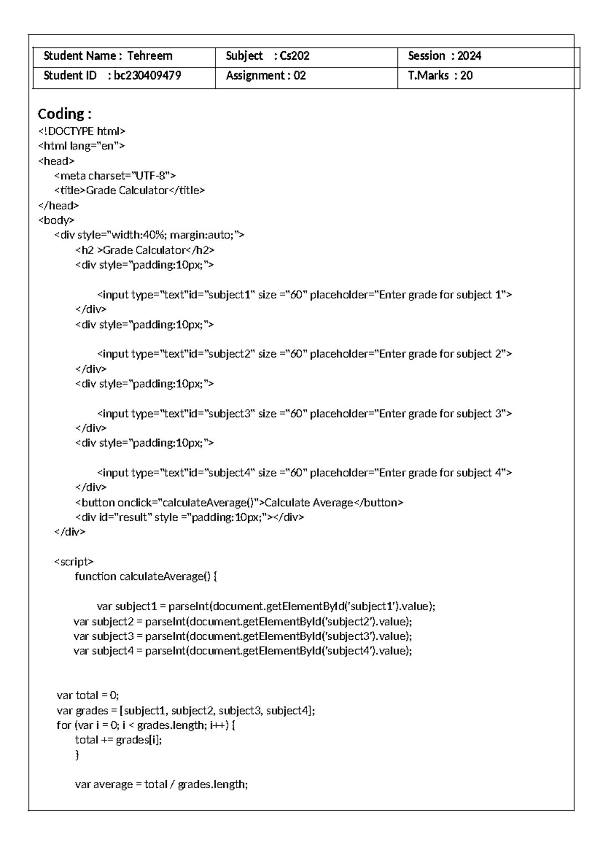 Cs.202.coding - Assignment - Student Name : Tehreem Subject : Cs202 Session : 2024 Student ID ...