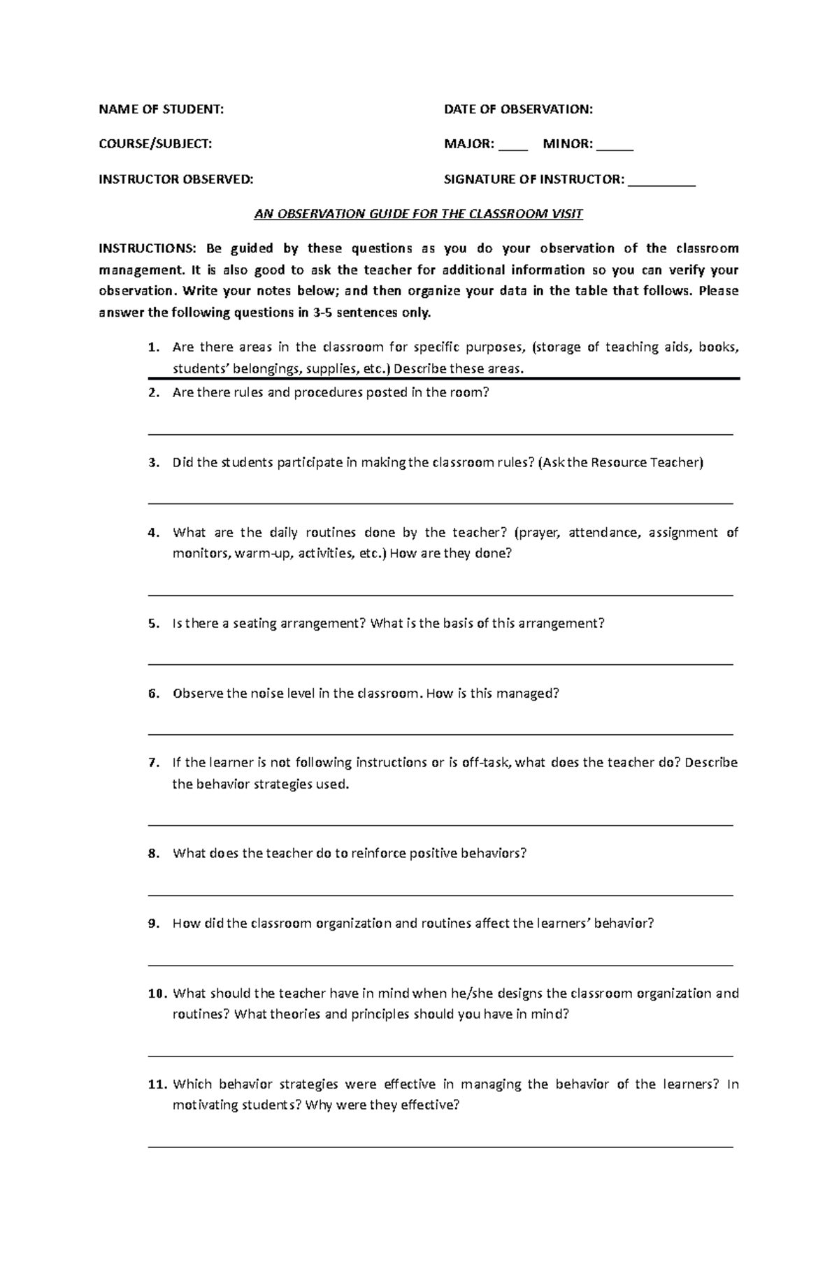 Observation Guide Questions - NAME OF STUDENT: DATE OF OBSERVATION ...