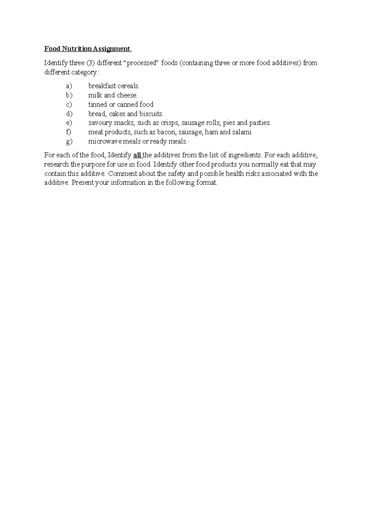 Nutrition Assignment Food Additives Food Nutrition Assignment Identify Three 3 Different