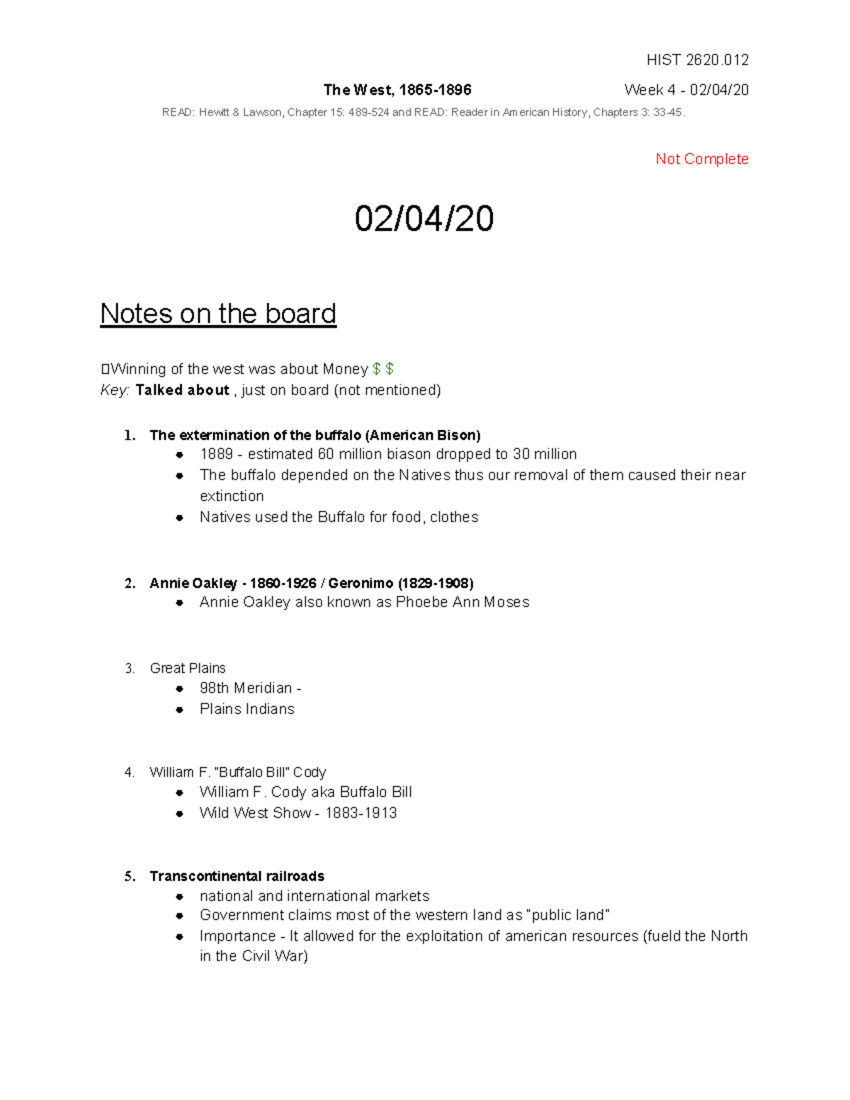 The West, 1865-1896 - Not Complete 02/04/ Notes on the board ฀Winning ...