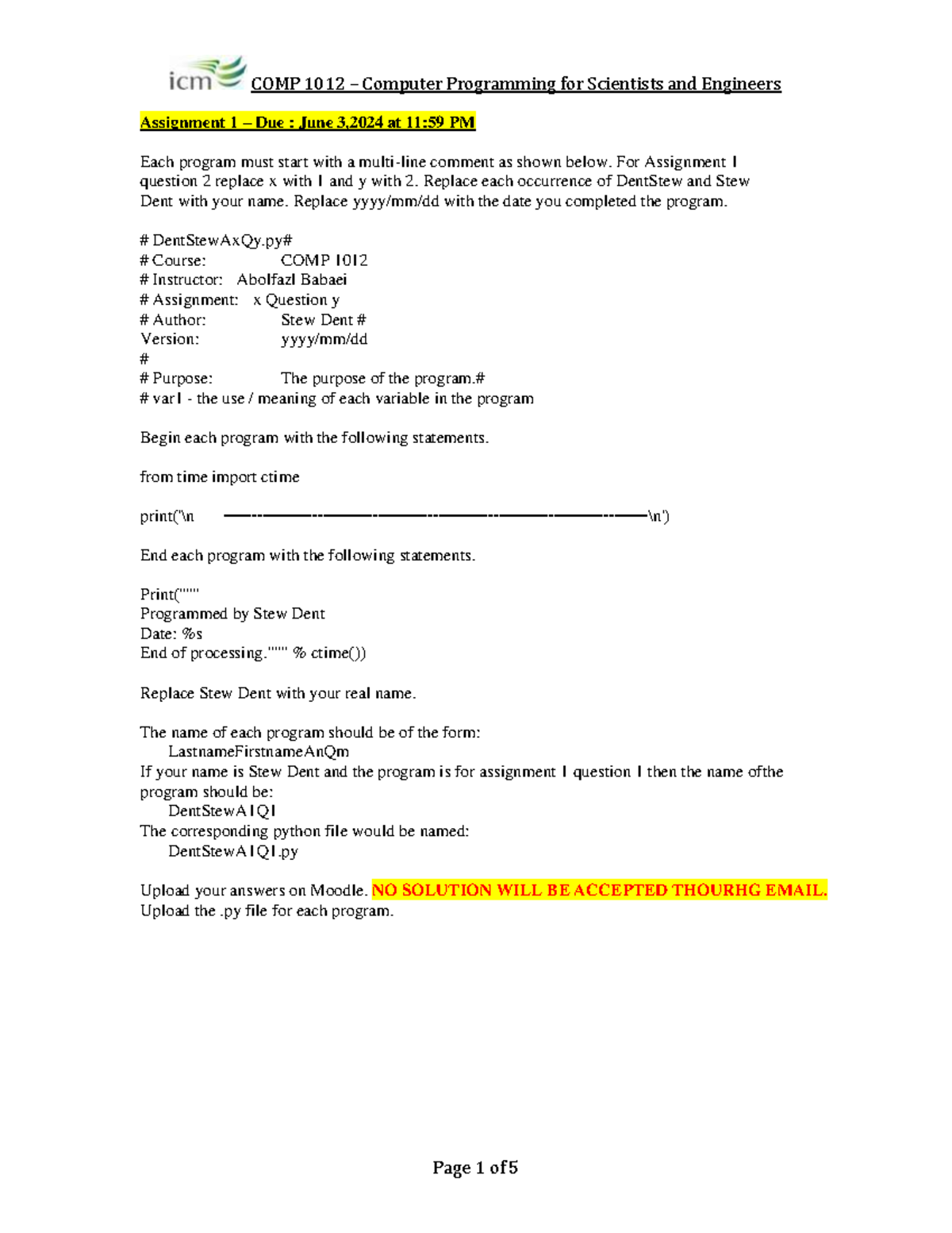 Assignment 1 Comp1012 Summer 2024 - Assignment 1 – Due : June 3 ,202 4 ...