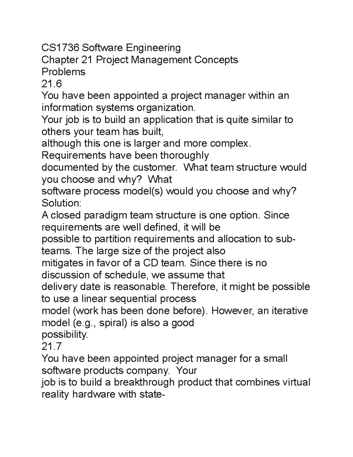 CS1736 Software Engineering - CS1736 Software Engineering Chapter 21 Project Management Concepts ...