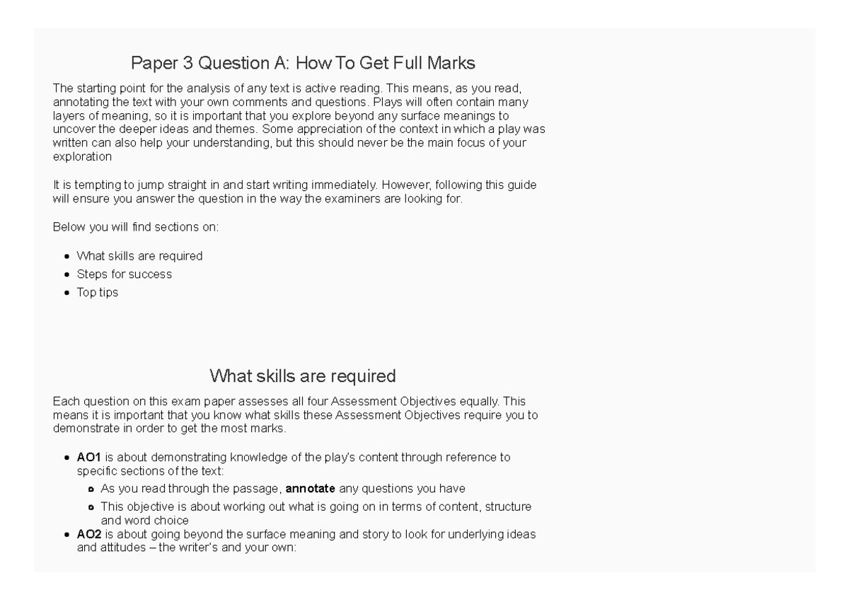 Introduction TO Drama ( Paper 3) - Paper 3 Question A: How To Get Full ...