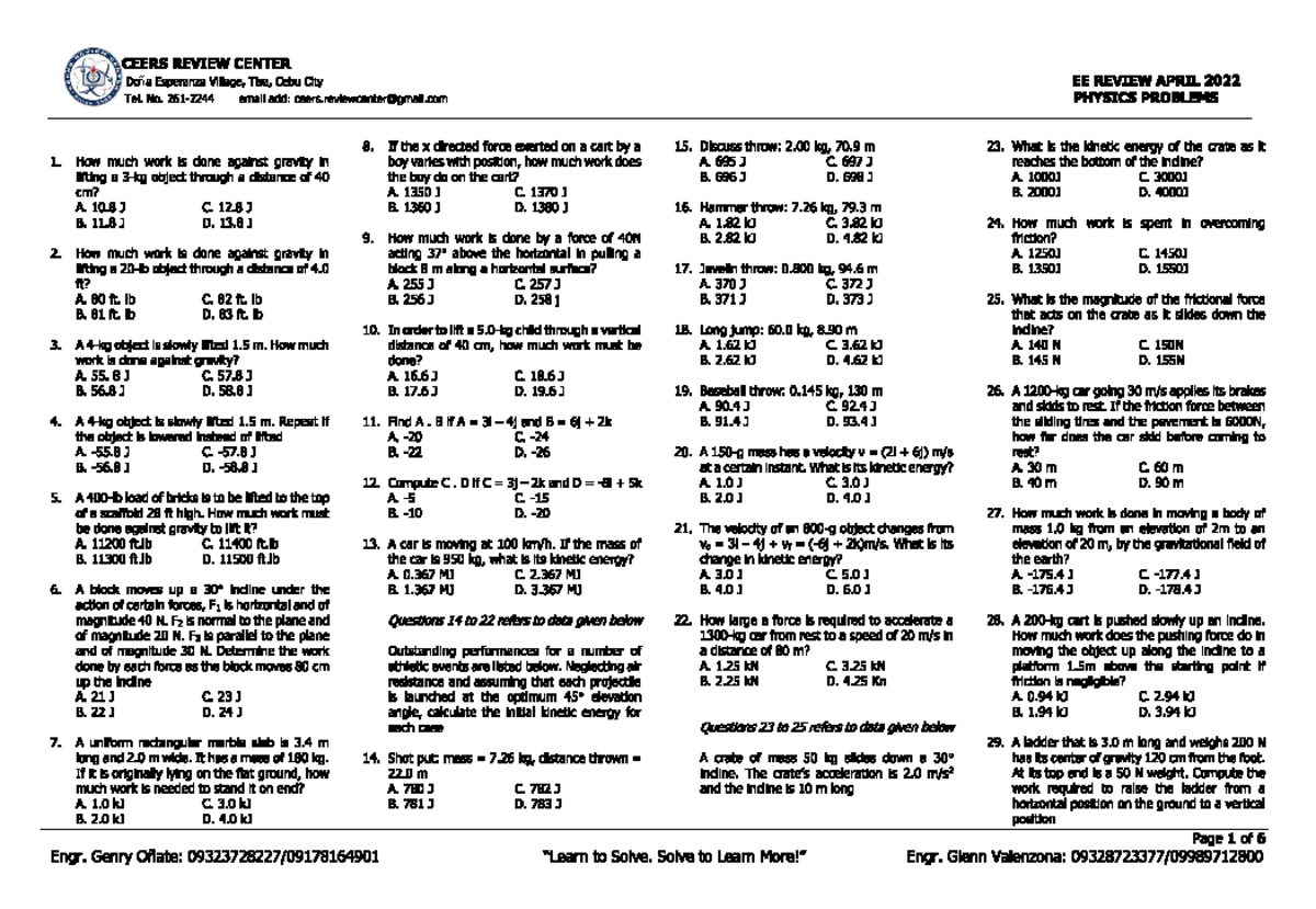 Physics Problems Online - CEERS REVIEW CENTER Doña Esperanza Village ...