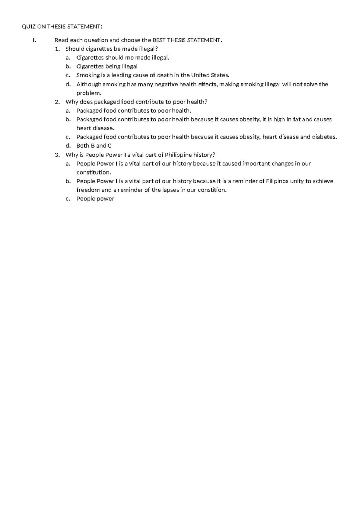 QUIZ ON Thesis Statement - QUIZ ON THESIS STATEMENT: I. Read each ...