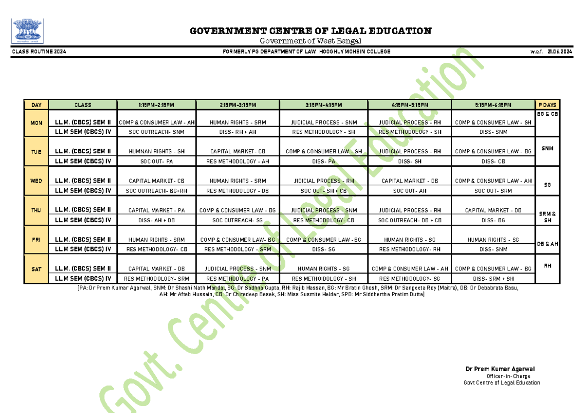 Class Routine LL - Llm note - GOVERNMENT CENTRE OF LEGAL EDUCATION ...