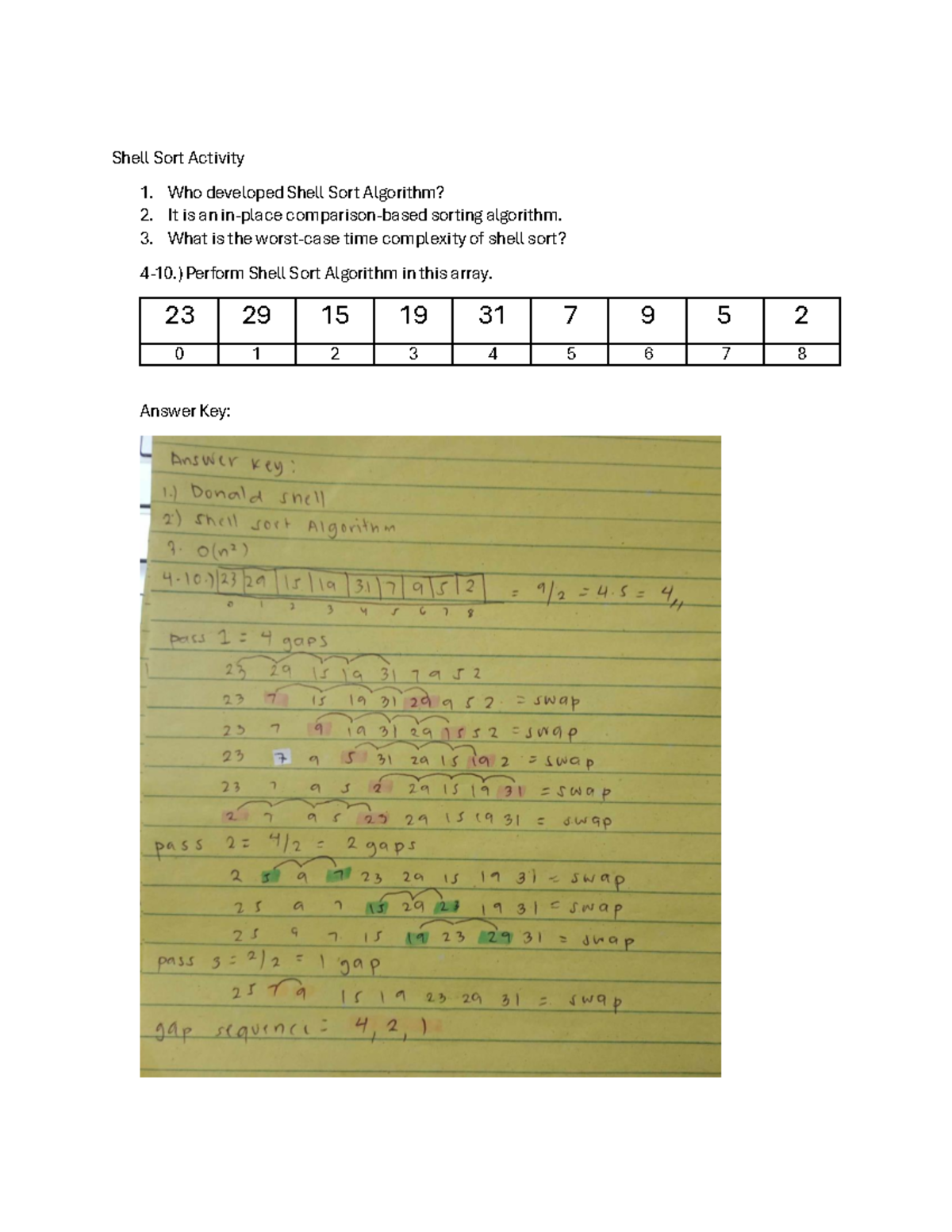 Shell Sort Activity with Answes - Computer Engineering, Operating ...
