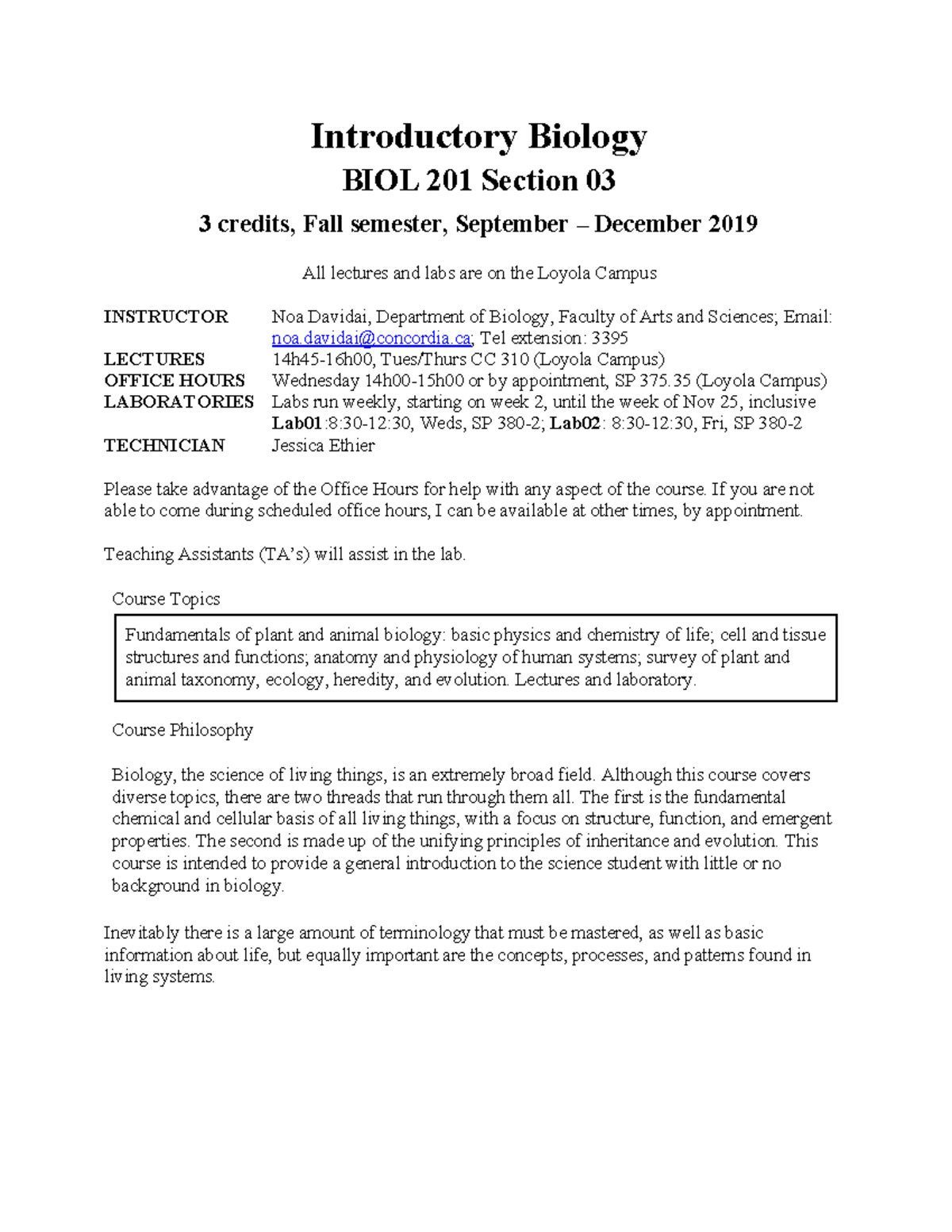 BIOL201 CO - Course Outline - Introductory Biology BIOL 201 Section 03 ...