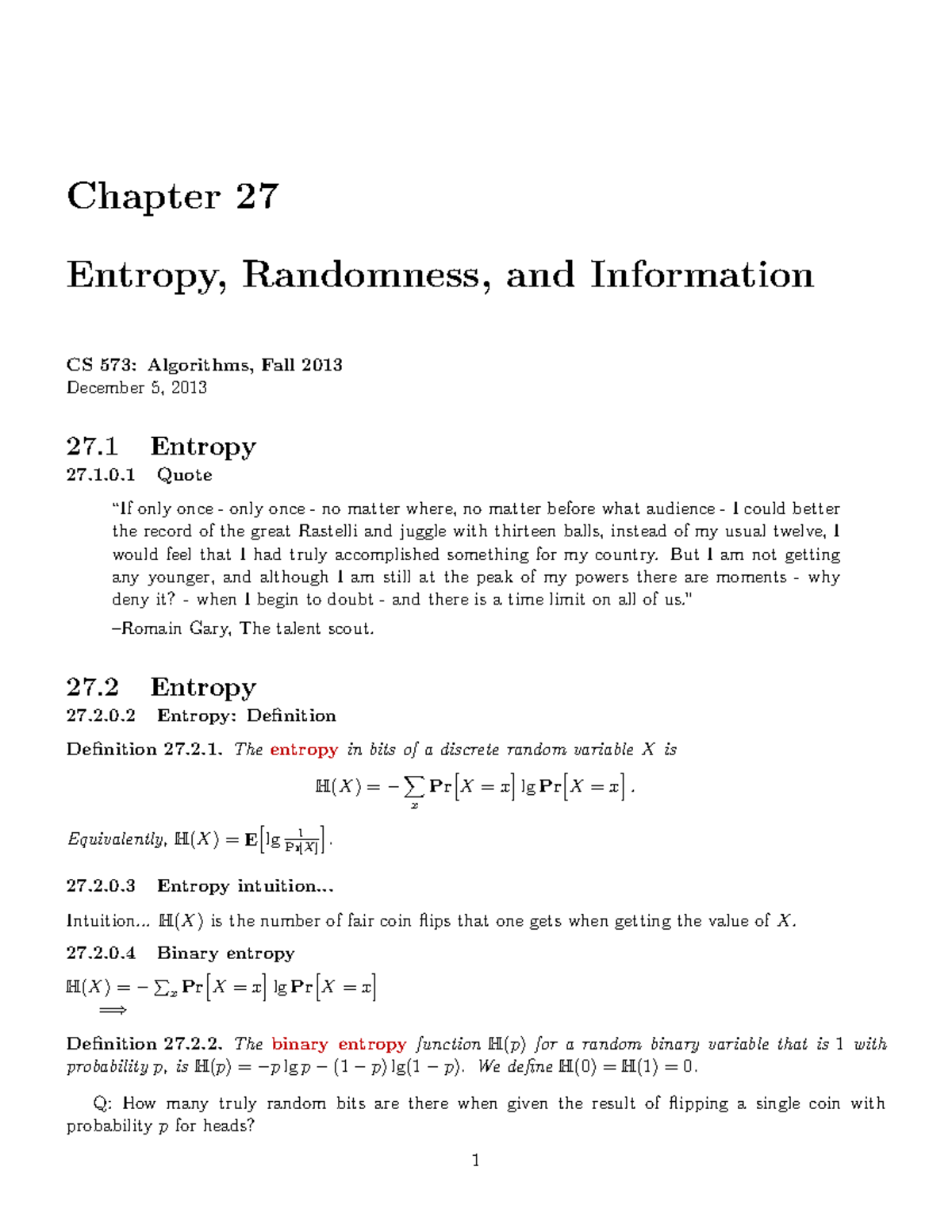 27 notes - nah - Chapter 27 Entropy, Randomness, and Information CS 573 ...