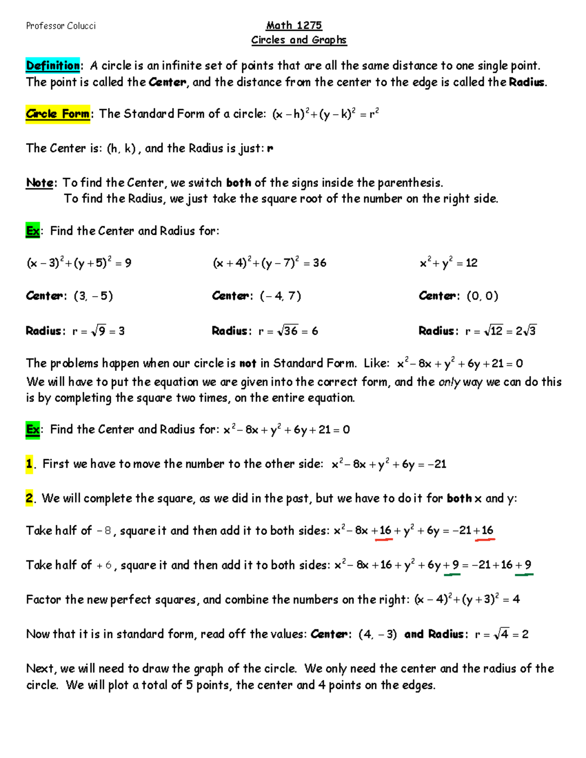 MA1275-Lesson 21 (Circles) - Professor Colucci Math 1275 Circles and ...