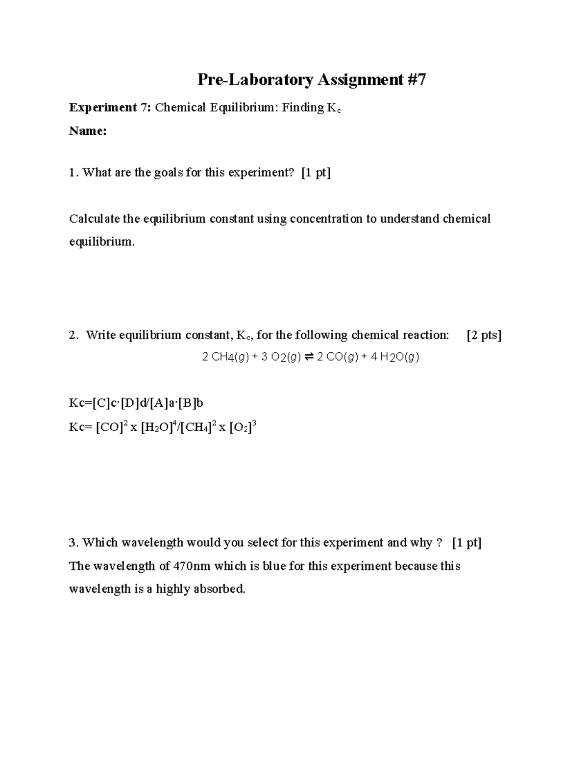 Experiment 7 Chemical Equilibrium Finding Kc - Pre-Laboratory ...