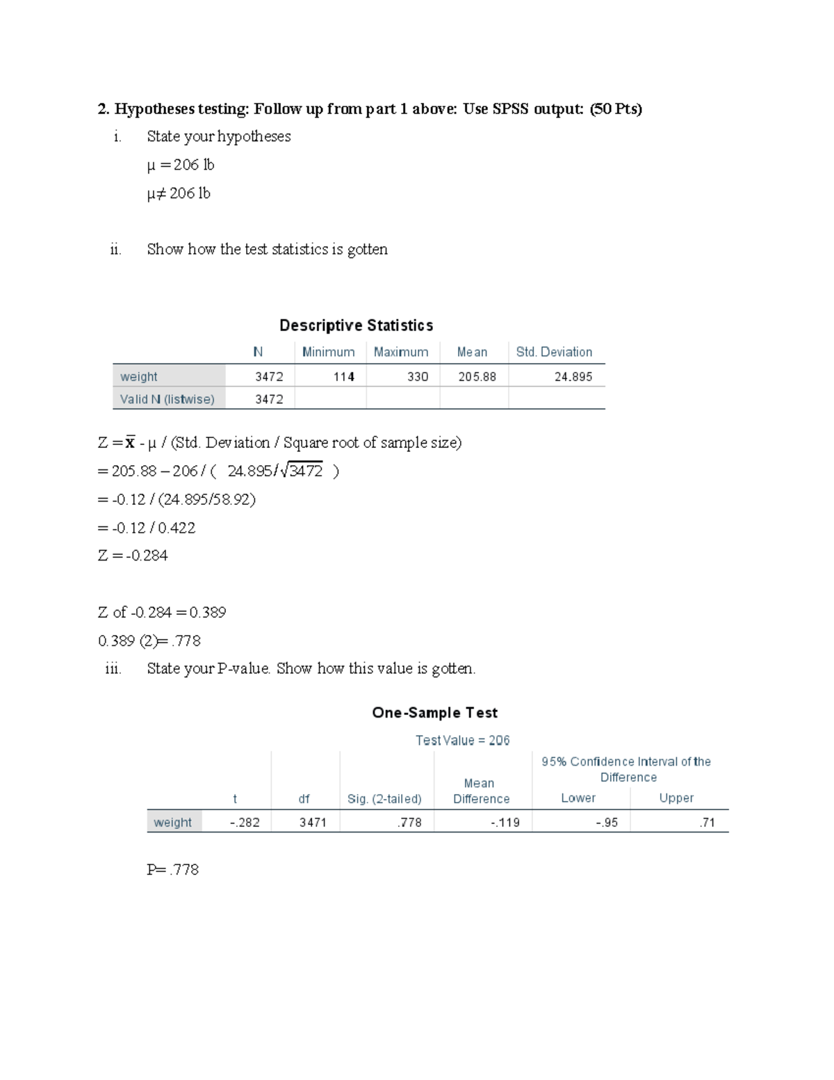 Part 2 weight - Homework assignment - Hypotheses testing: Follow up ...