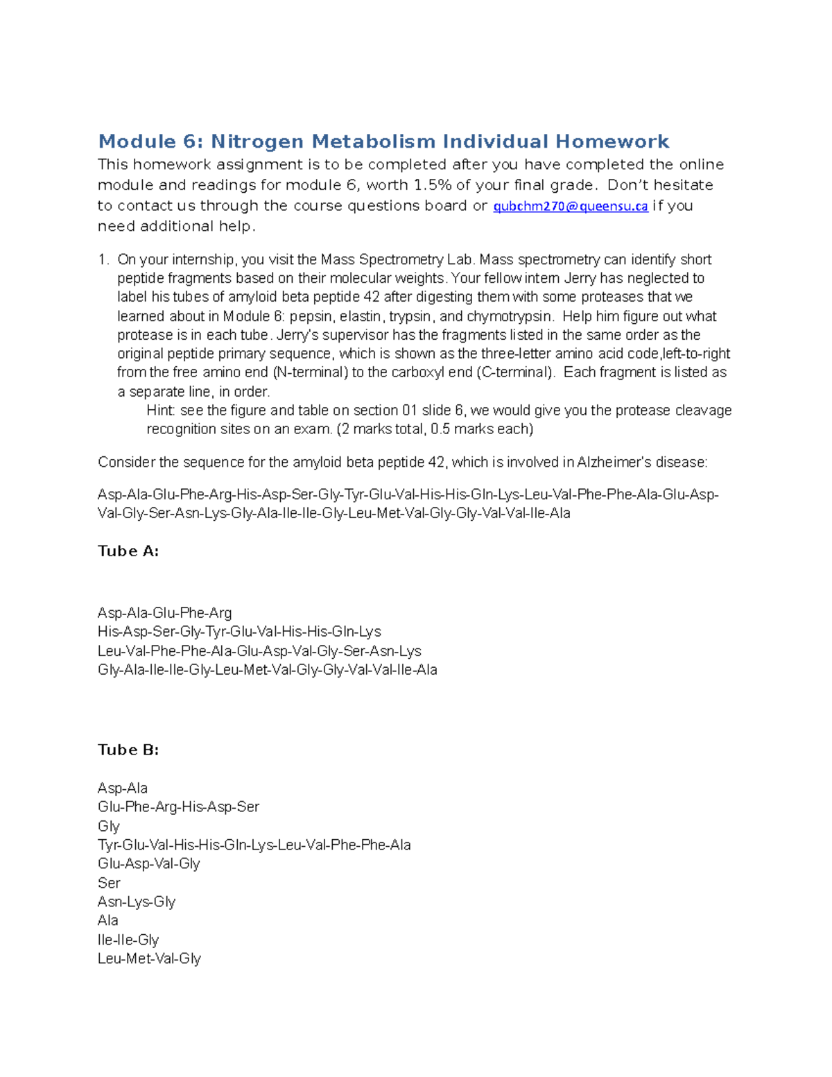 BCHM 270 NS23 Module 6 Homework - Module 6: Nitrogen Metabolism Individual Homework This ...