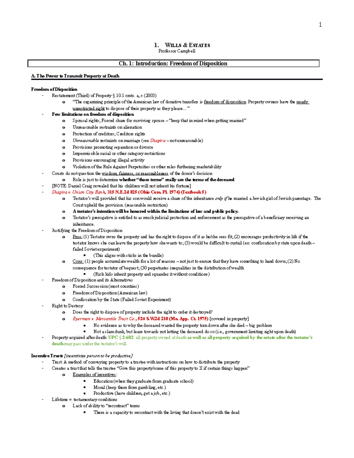Wills Outline BEST - lecture - 1. WILLS & ESTATES Professor Campbell Ch ...