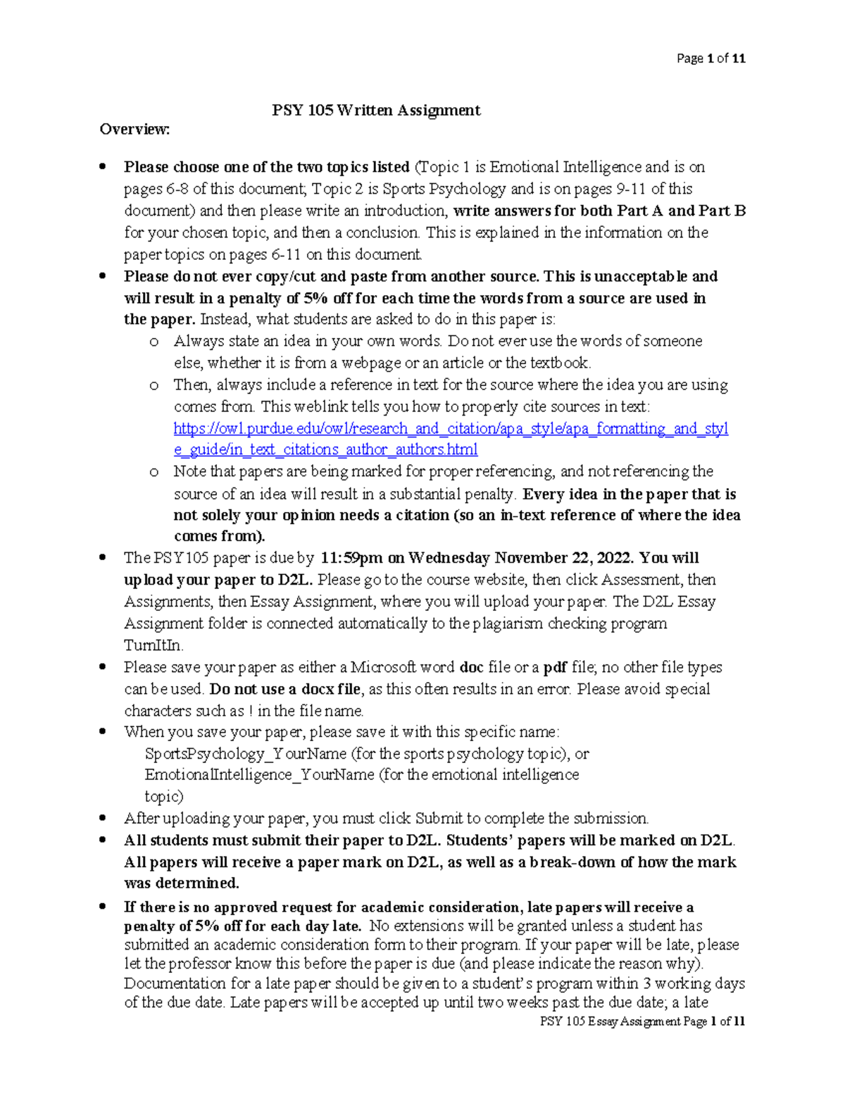 PSY105 Assignment Guidelines and Topics F23 - PSY 105 Written ...