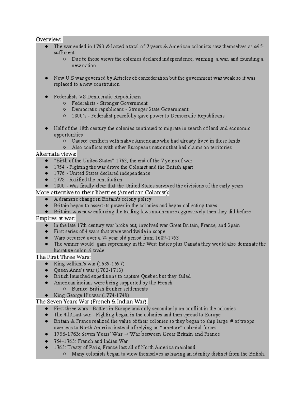 Period 3 1754-1800 - NOTEs - Overview: The war ended in 1763 & lasted a ...