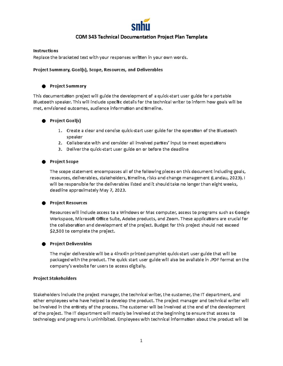 COM 343 Technical Documentation Project Plan Template - Project Summary ...