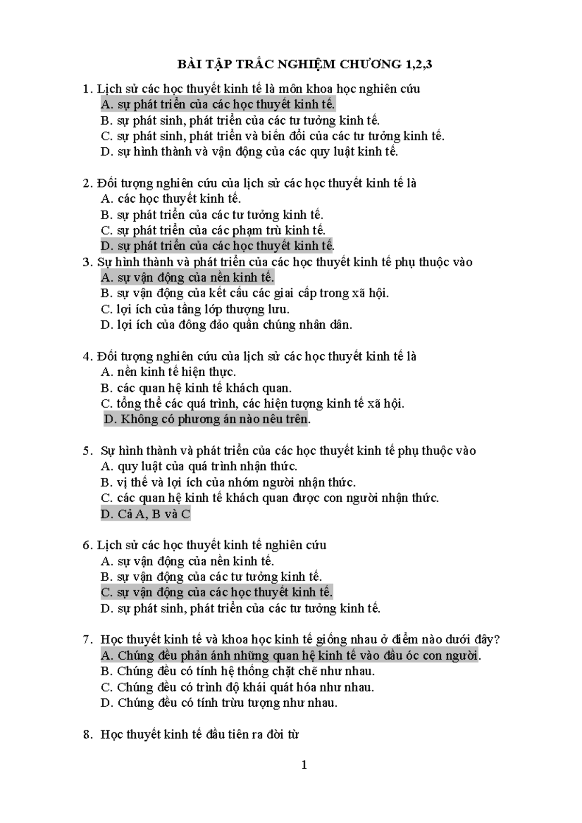 BÀI TẬP CHƯƠNG 1,2,3 - sddfdcvxcvcx - BÀI TẬP TRẮC NGHIỆM CHƯƠNG 1,2, Lịch sử các học thuyết ...
