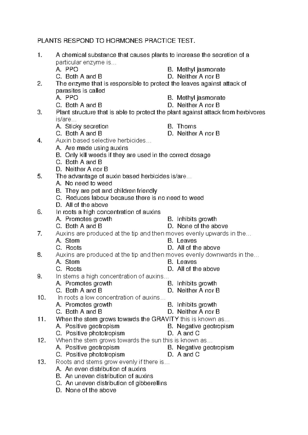 Plants Respond TO Hormones Practice TEST - PLANTS RESPOND TO HORMONES ...