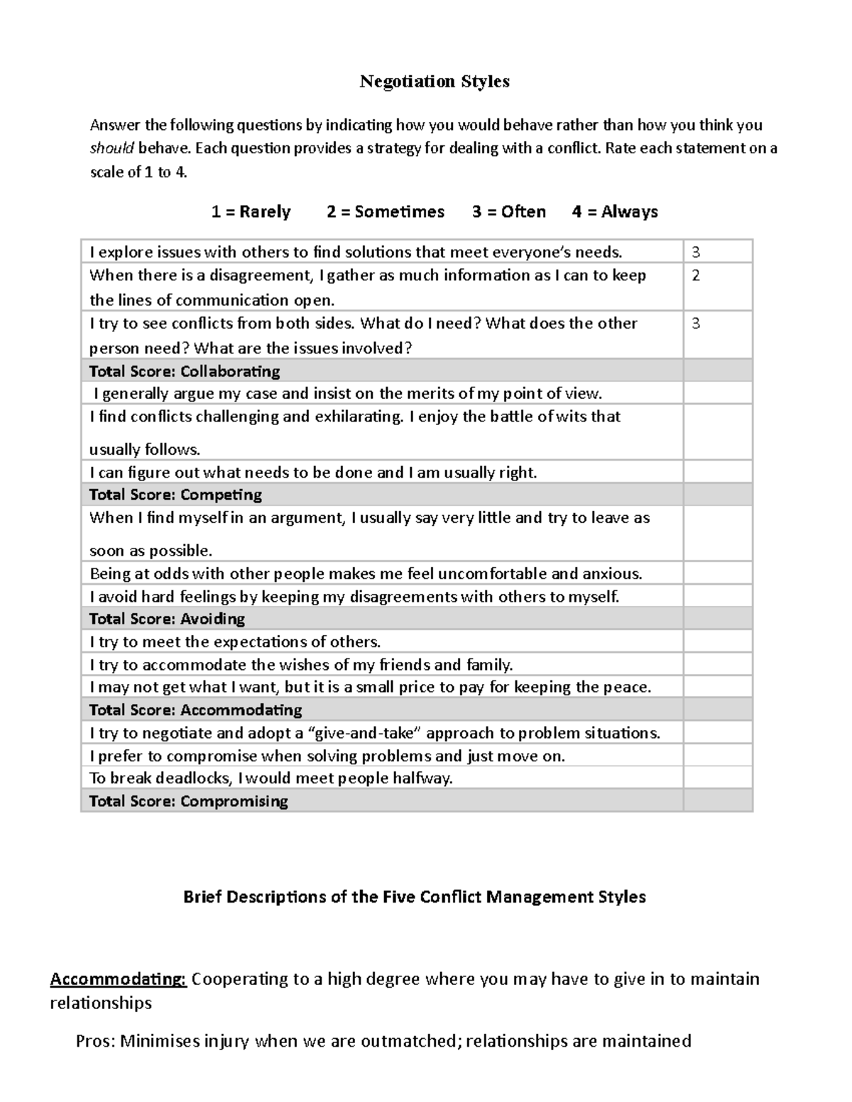 MGB225 - Conflict-Management-Questionnaire - Negotiation Styles Answer ...