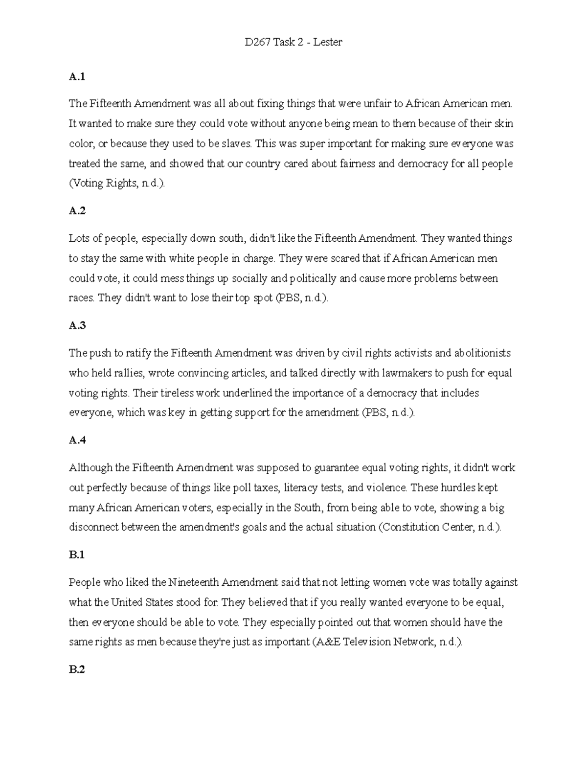 D267 - Task 2 - Assignment - A. The Fifteenth Amendment was all about ...