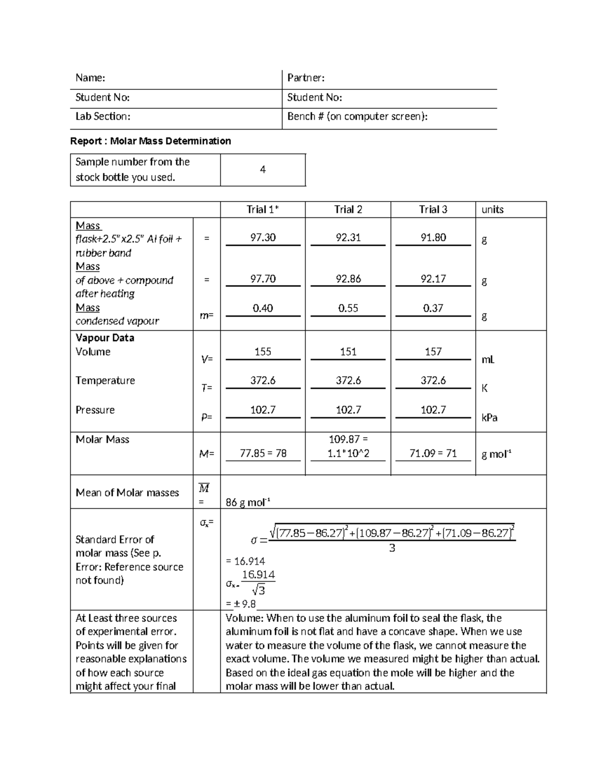 Molar mass determination - Name: Partner: Student No: Student No: Lab ...
