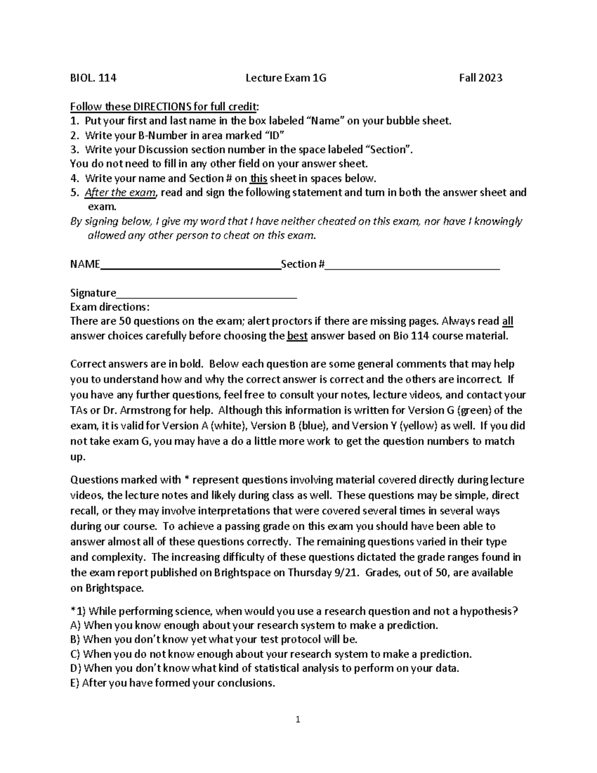 Exam 1 Answer Key 2023 - BIOL. 114 Lecture Exam 1G Fall 2023 Follow ...