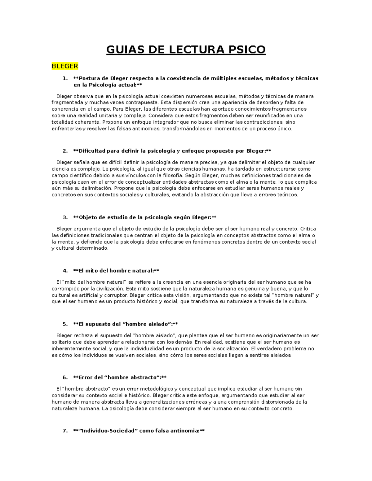 Guias Psico - GUIAS DE LECTURA PSICO BLEGER Postura de Bleger respecto ...