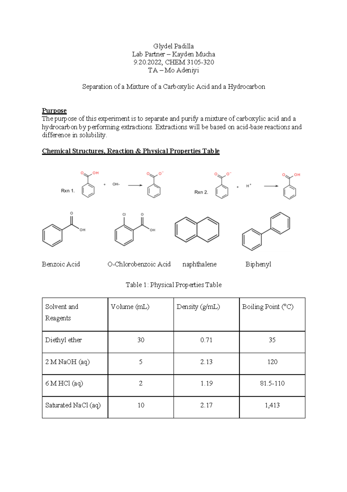 Separation of a Mixture of a Carboxylic Acid and a Hydrocarbon - Glydel Padilla Lab Partner ...