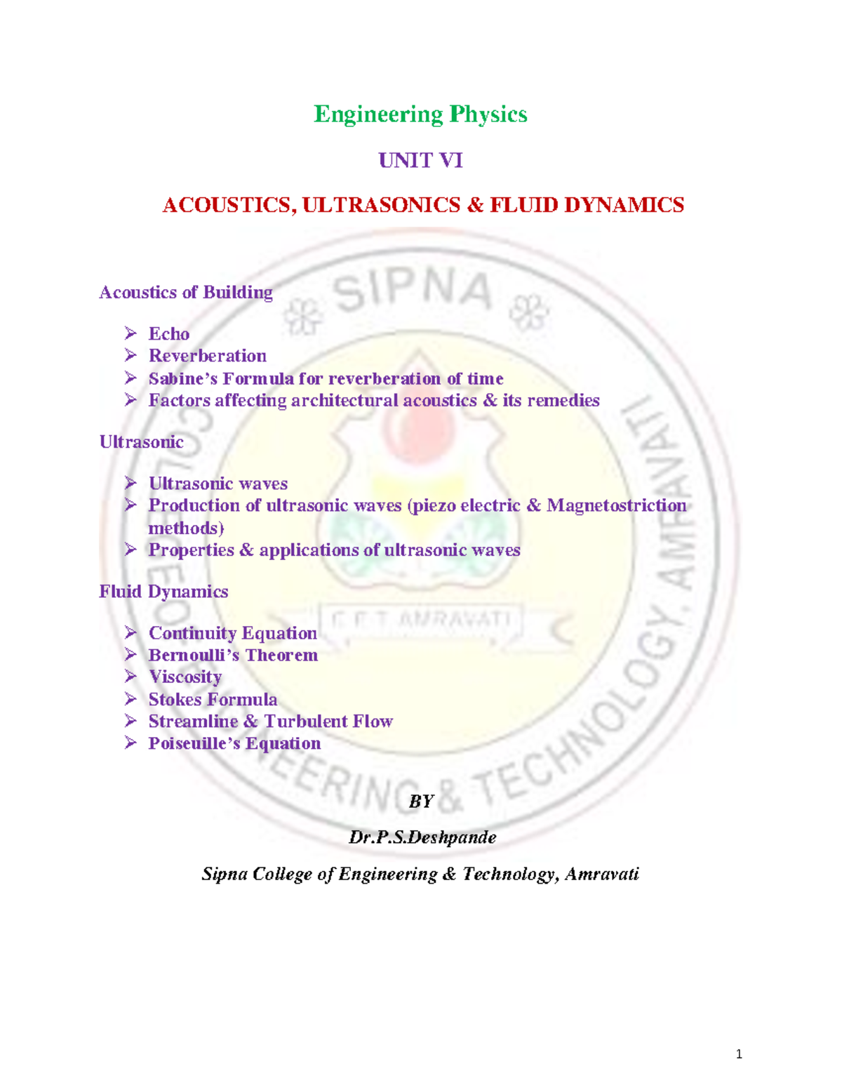 UNIT VI Acoustics,Ultrasonics and Fluid Dynamics (1) - Engineering Physics UNIT VI ACOUSTICS ...