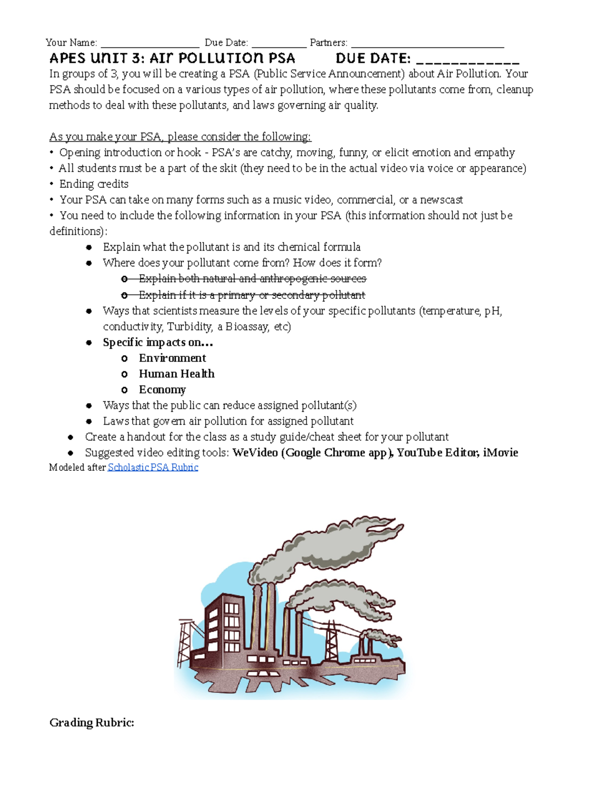 Air Pollution PSA - work - Your Name: __________________ Due Date ...