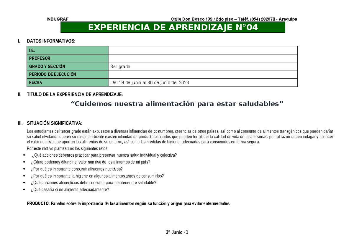 3° Grado - Experiencia DE Aprendizaje N°04 - EXPERIENCIA DE APRENDIZAJE N° I. DATOS INFORMATIVOS ...