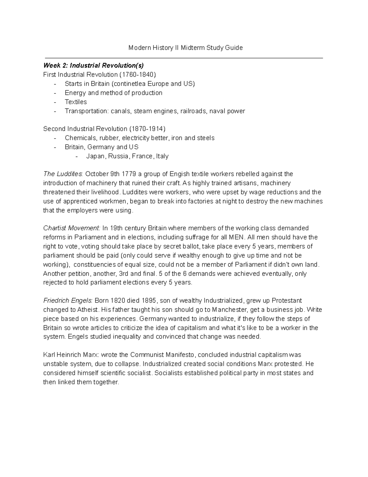 Modern History II Midterm Study Guide - As highly trained artisans ...