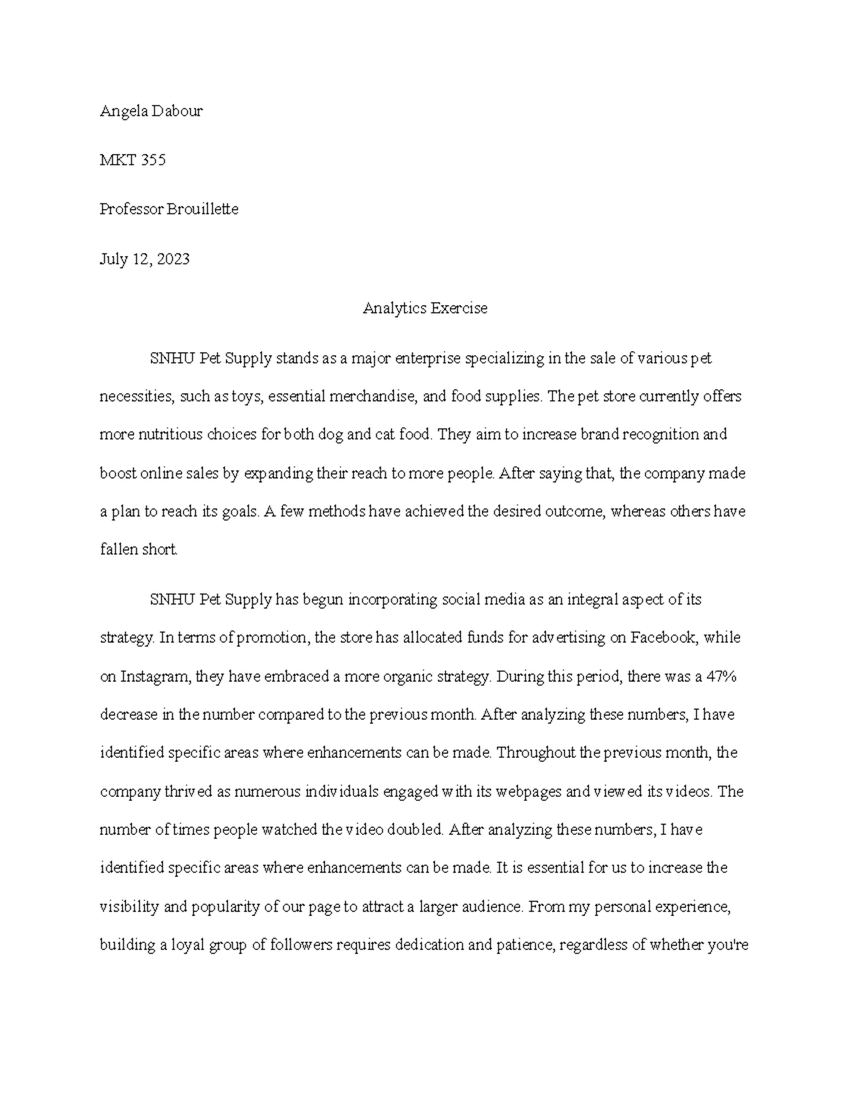 Analytics Exercise- mkt 355 - Angela Dabour MKT 355 Professor ...