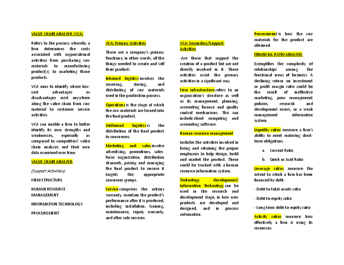 Stratma Reviewer 45 - VALUE CHAIN ANALYSIS (VCA) Refers to the process ...