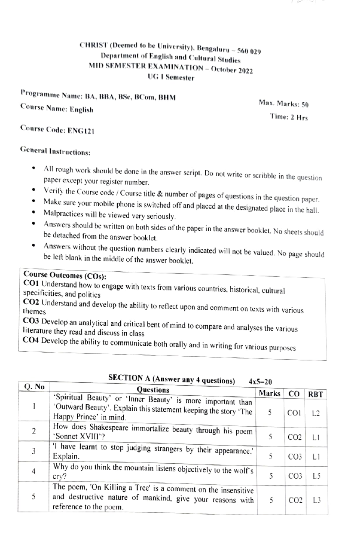 Question paper 2022 MSE - Progranmme Name: BA, BBA, BSC, BCom, BHM ...