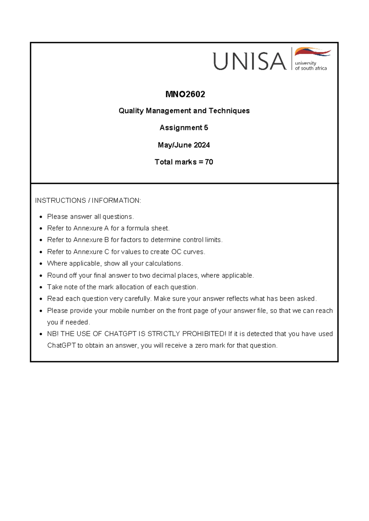 MNO2602 Assignment 5 - MNO Quality Management and Techniques Assignment ...