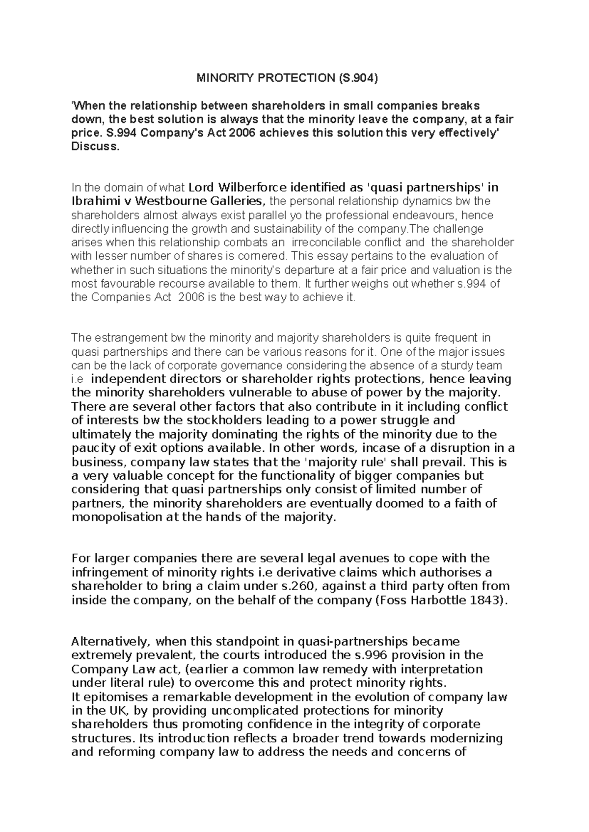 Minority protection assignment - MINORITY PROTECTION (S) 'When the ...