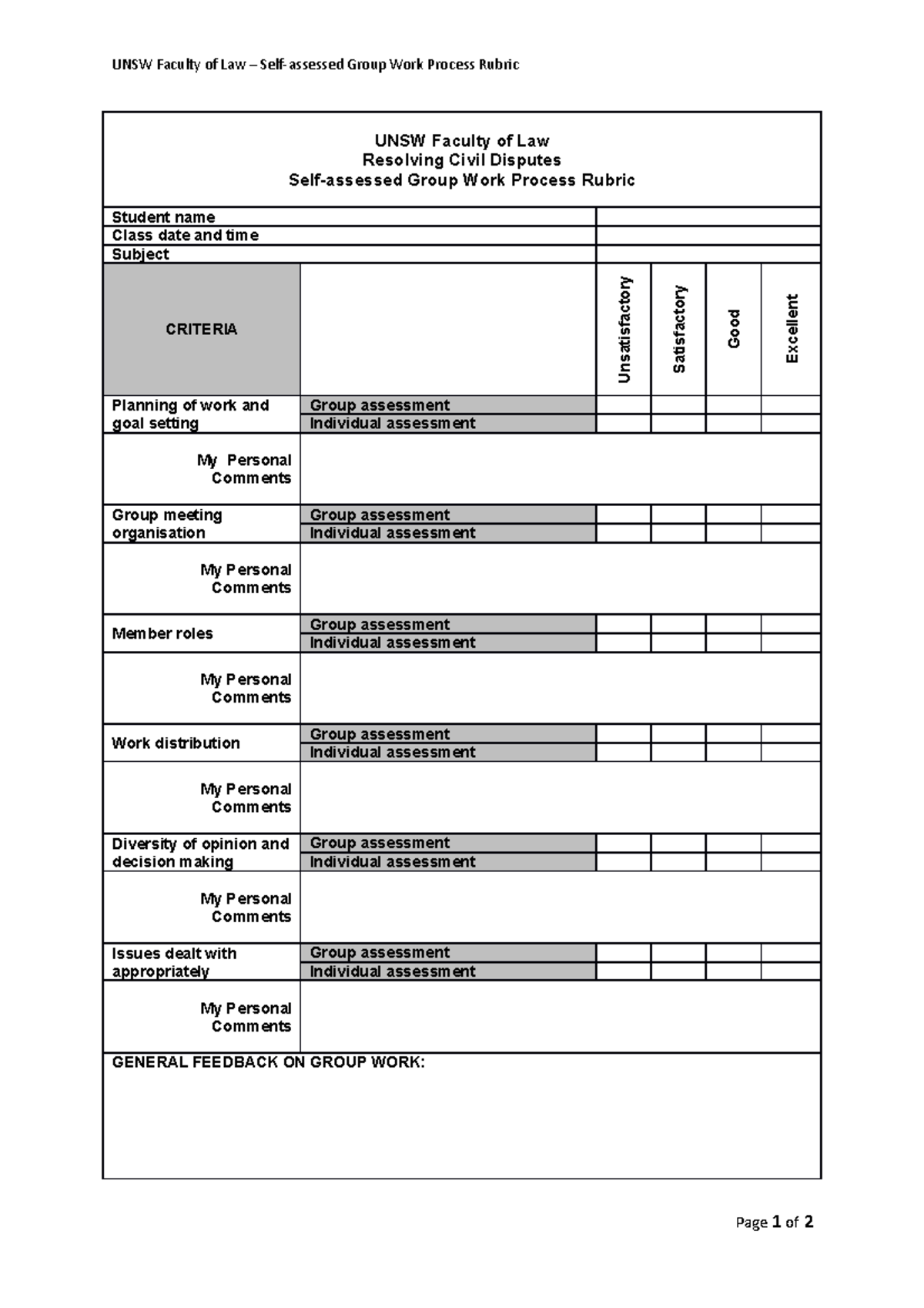 Optional Group Work Rubric - UNSW Faculty of Law – Self-assessed Group ...
