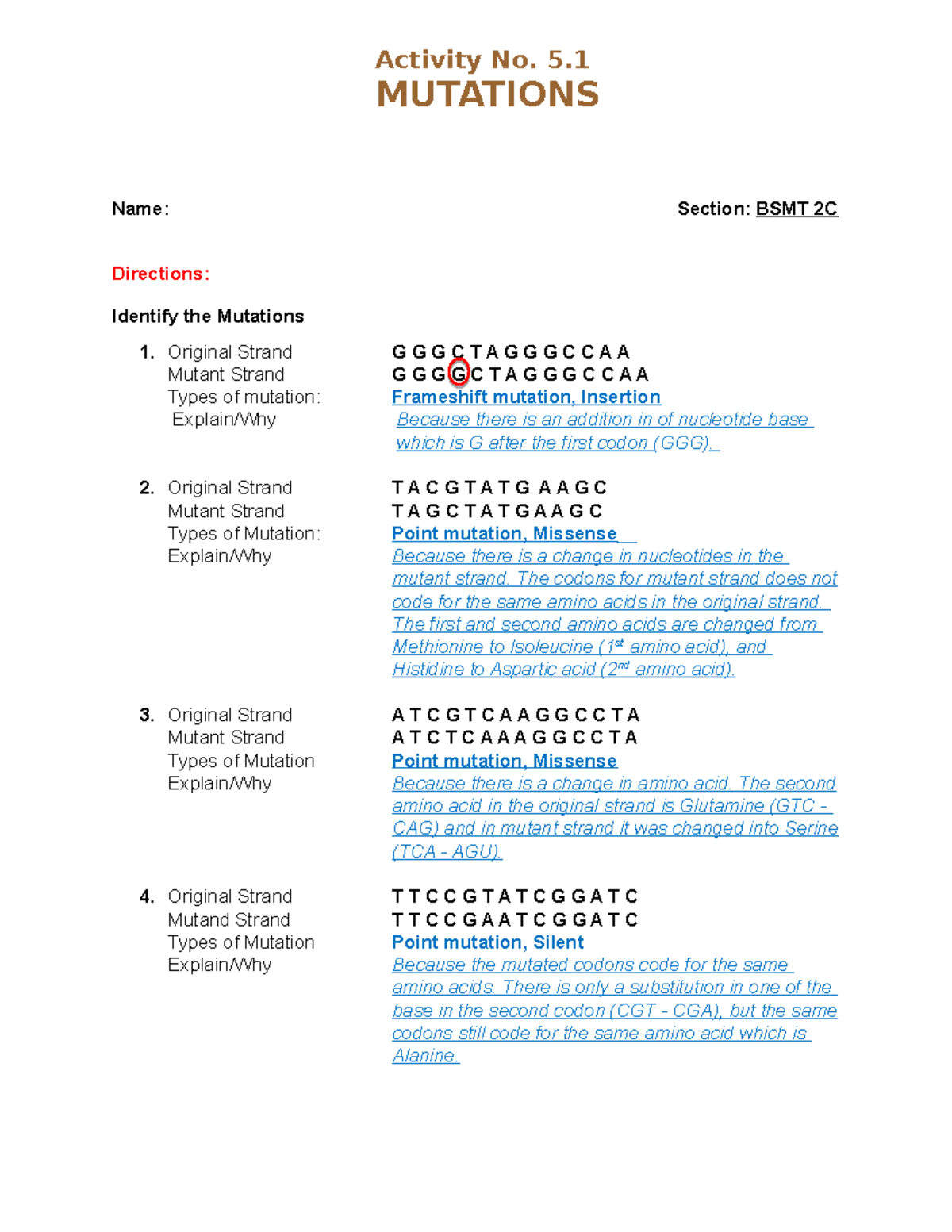 Activity No. 6.1 Mutations - Name: Section: BSMT 2C Directions ...