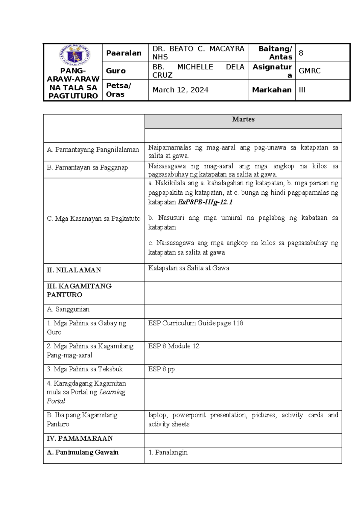 DLL for GMRC G8 Q3 CO - GMRC 8 DLL - PANG- ARAW-ARAW NA TALA SA ...