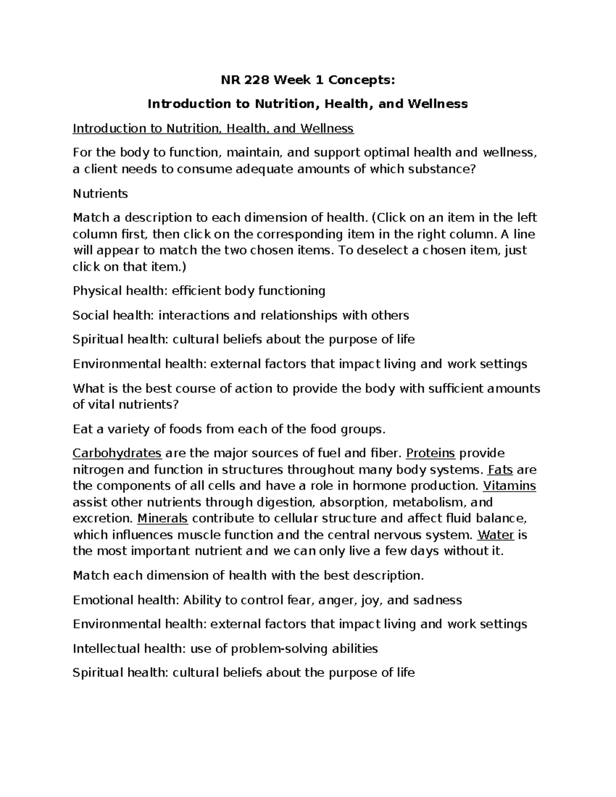 NR228 Week 1 edapt - NR 228 Week 1 Concepts: Introduction to Nutrition, Health, and Wellness ...