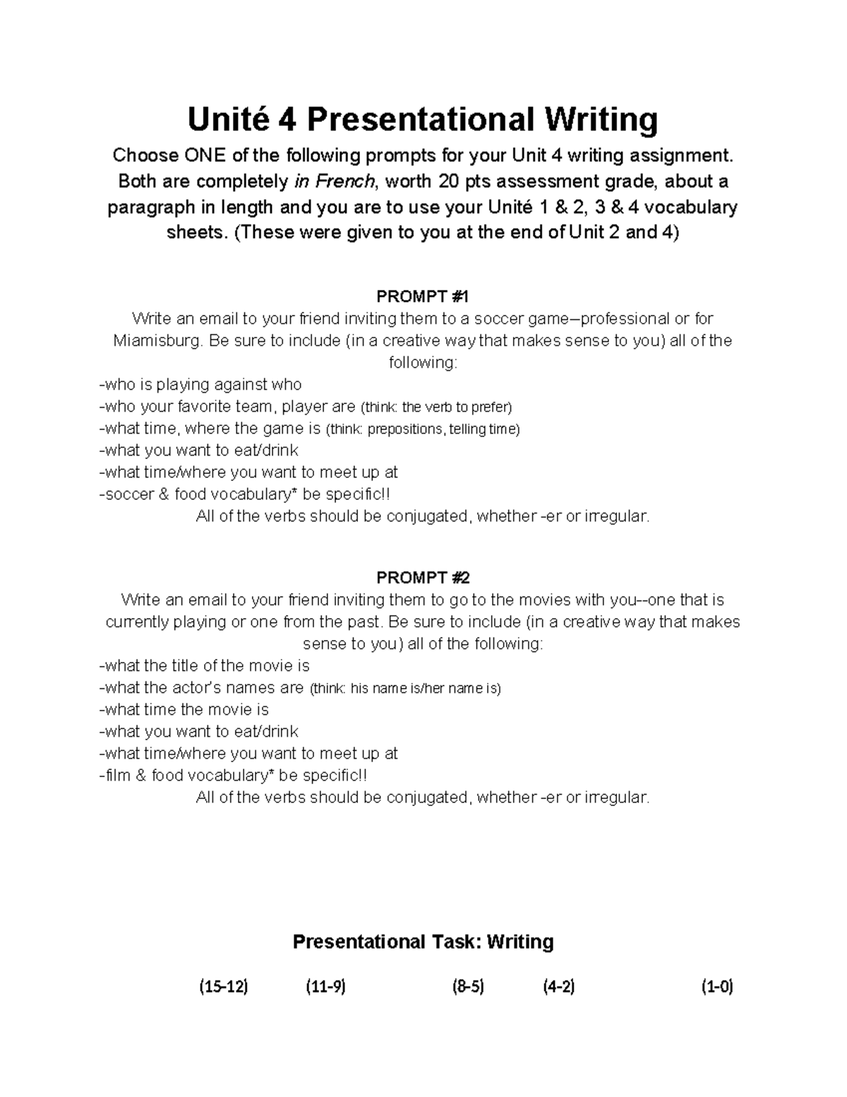 Weekend Activities Writing Prompt-1 - Unité 4 Presentational Writing ...