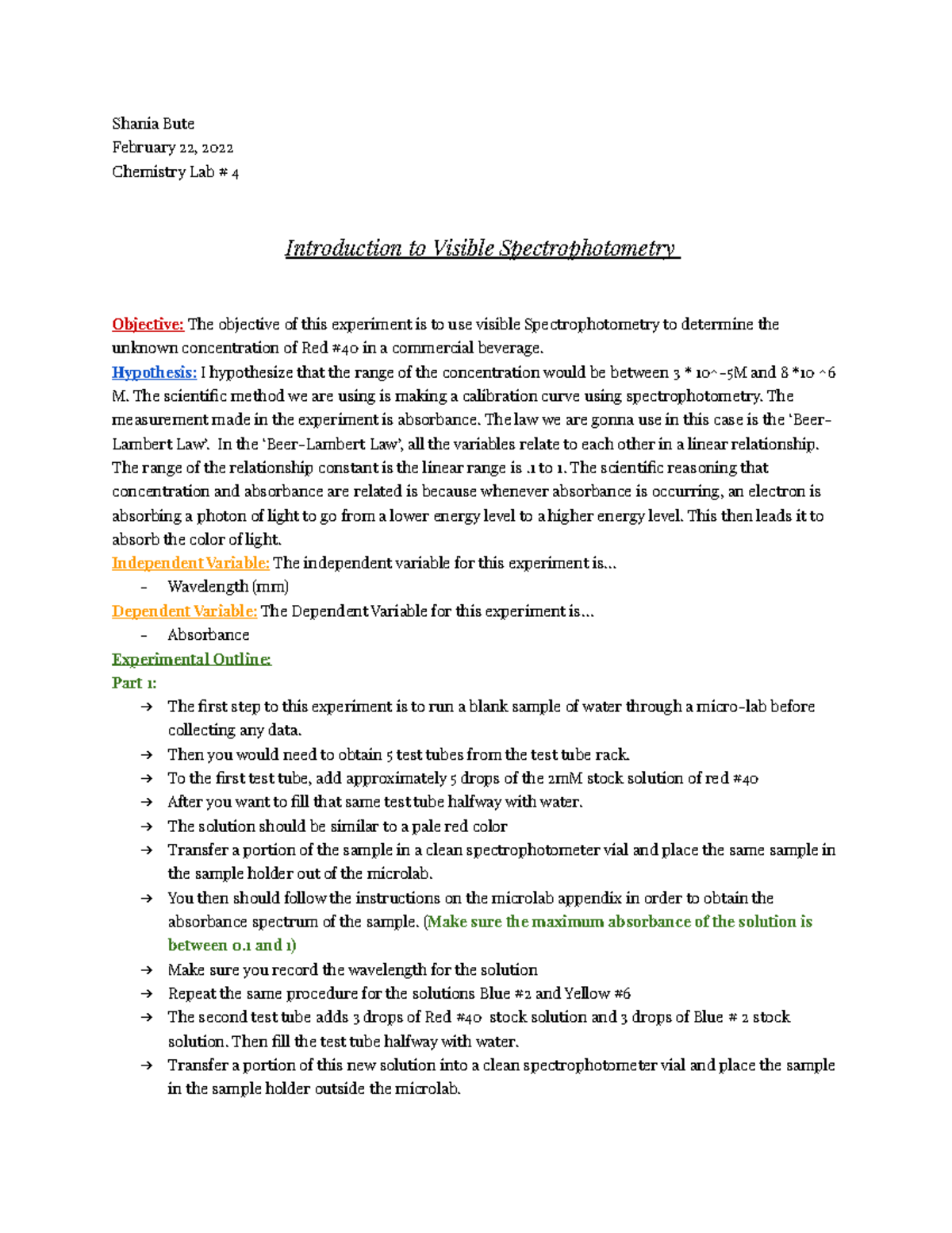 Chem Lab: Introduction to Visible Spectrophotometry - Shania Bute ...